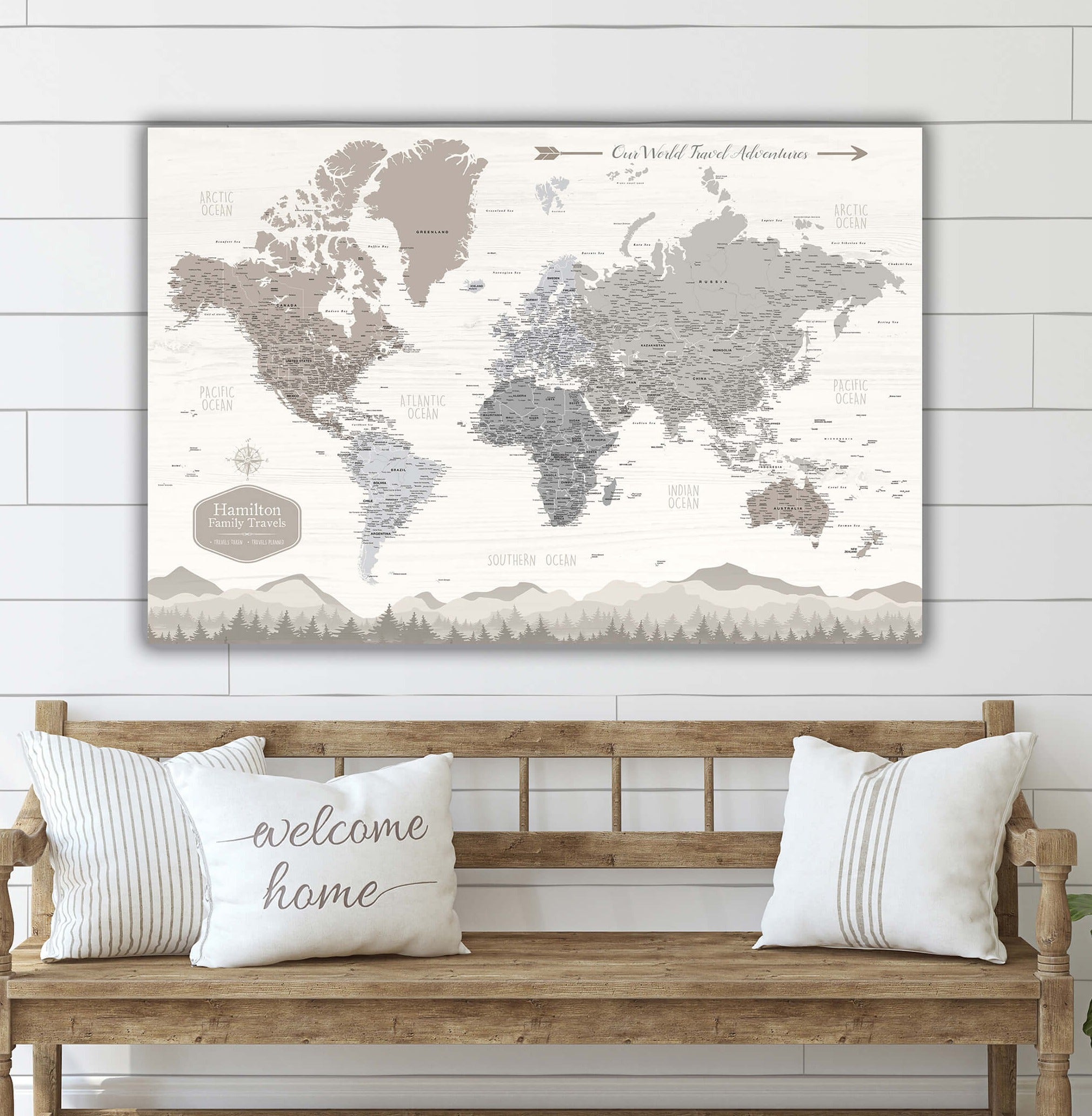 Farmhouse Push Pin World Map - Single Panel, Custom | Holy Cow Canvas