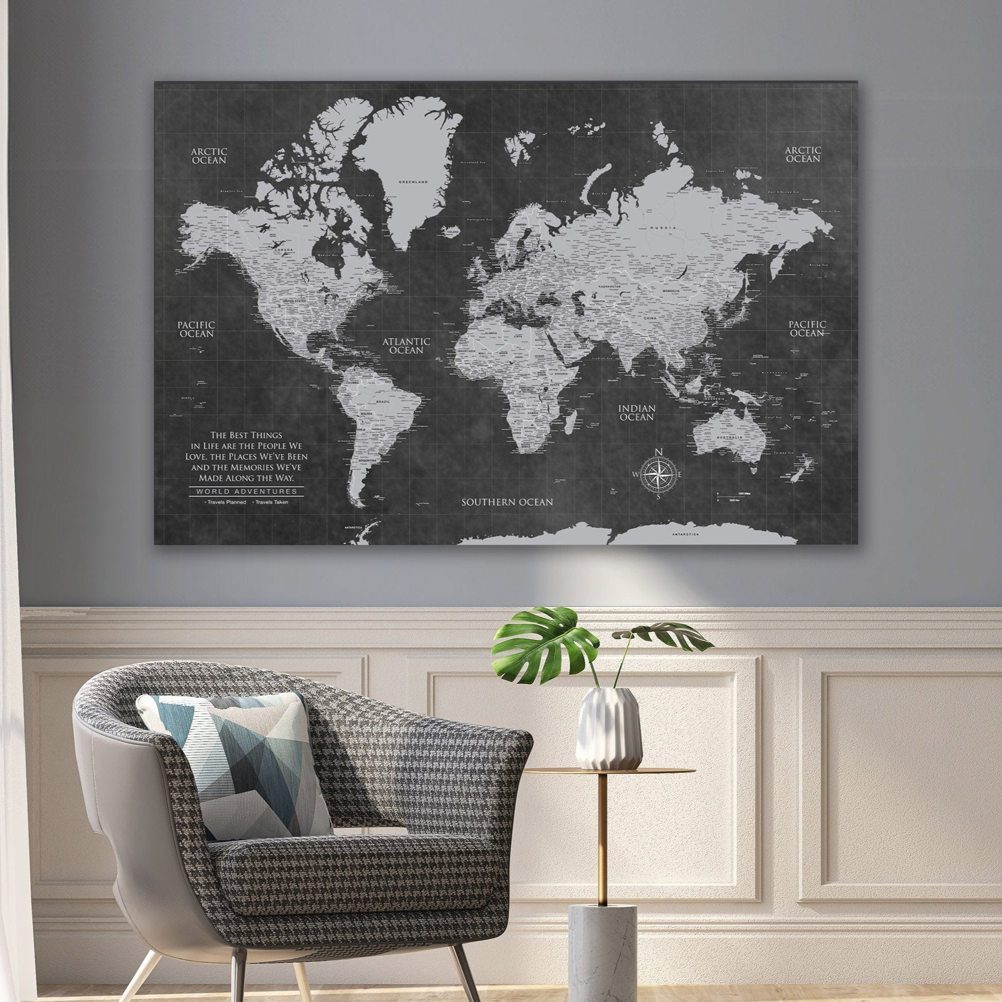 Grey Push Pin World Map - Single Panel | Holy Cow Canvas