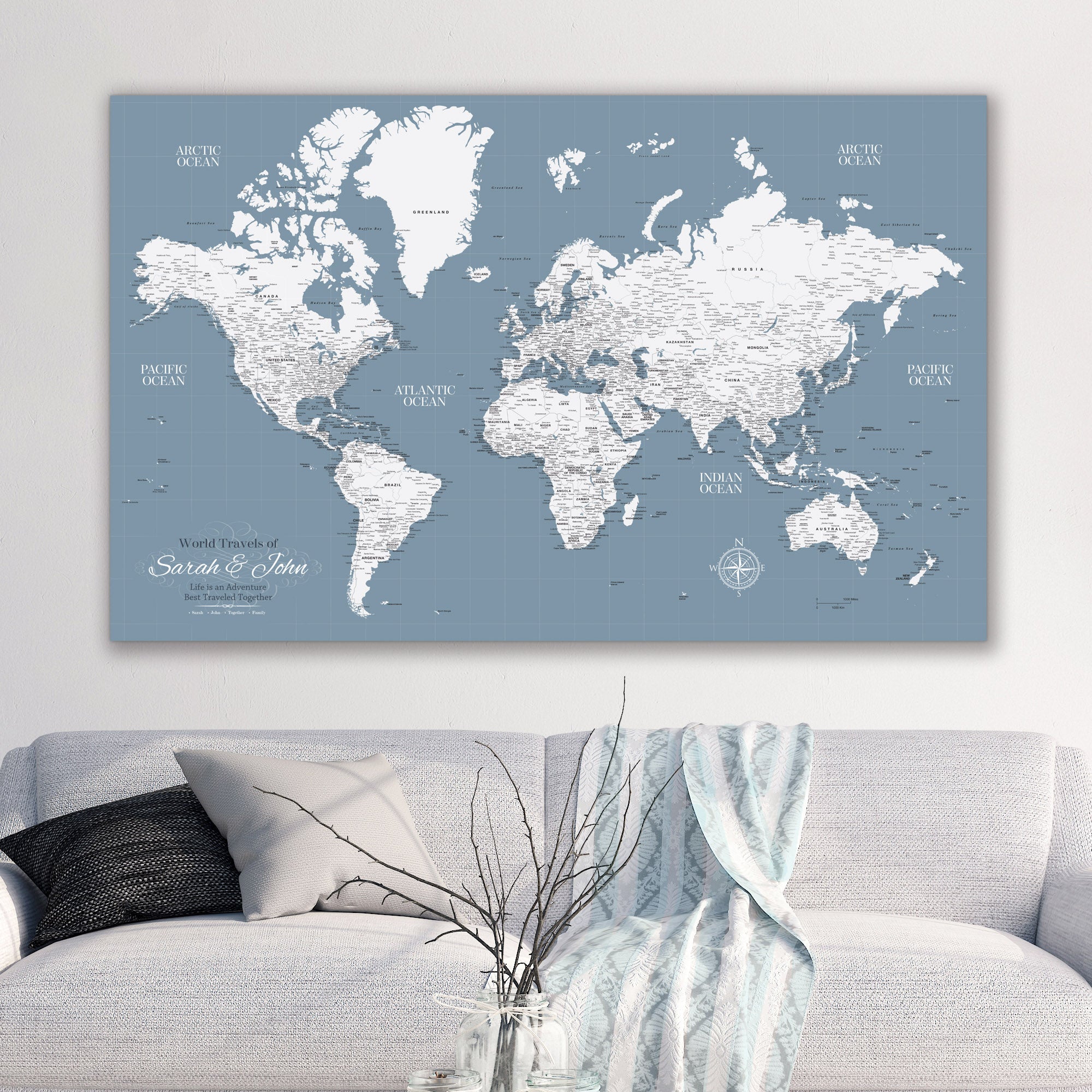 Slate Blue Push Pin Travel Map of the World | Holy Cow Canvas