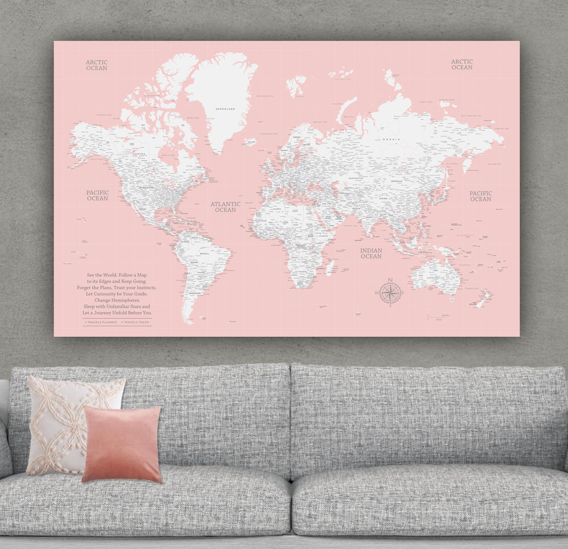 Pink Push Pin Travel Map of the World | Holy Cow Canvas