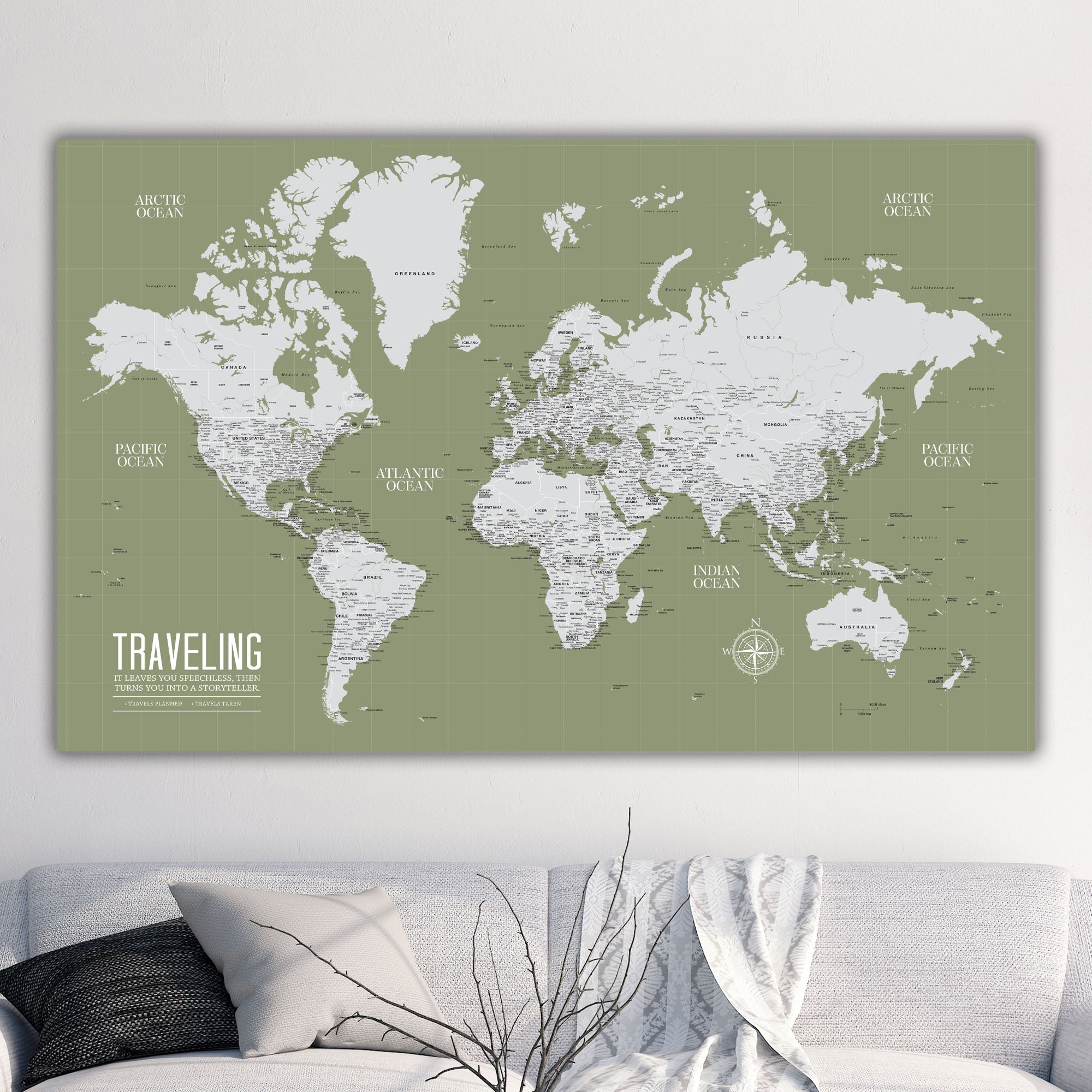 Sage Push Pin Travel Map of the World | Holy Cow Canvas