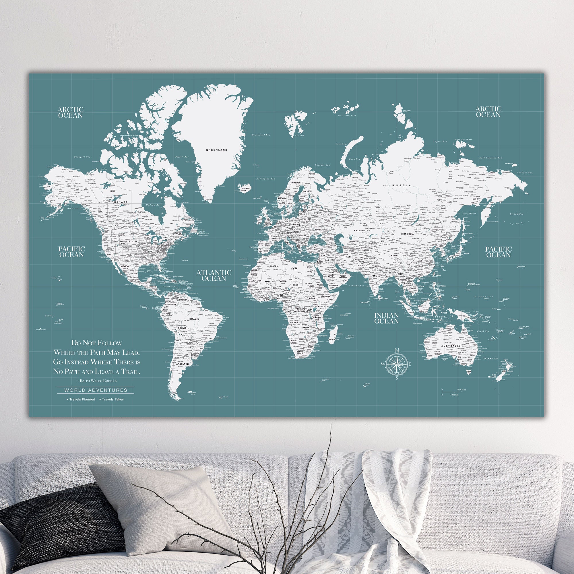 Teal Push Pin Travel Map of the World | Holy Cow Canvas