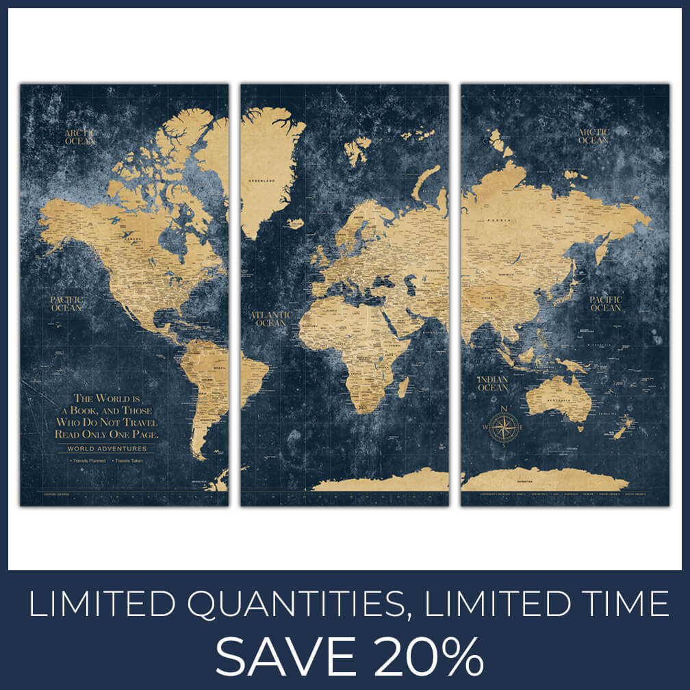 Gold & Navy Textured Push Pin World Map - 76" x 48" 3 Panel Set – Holy ...