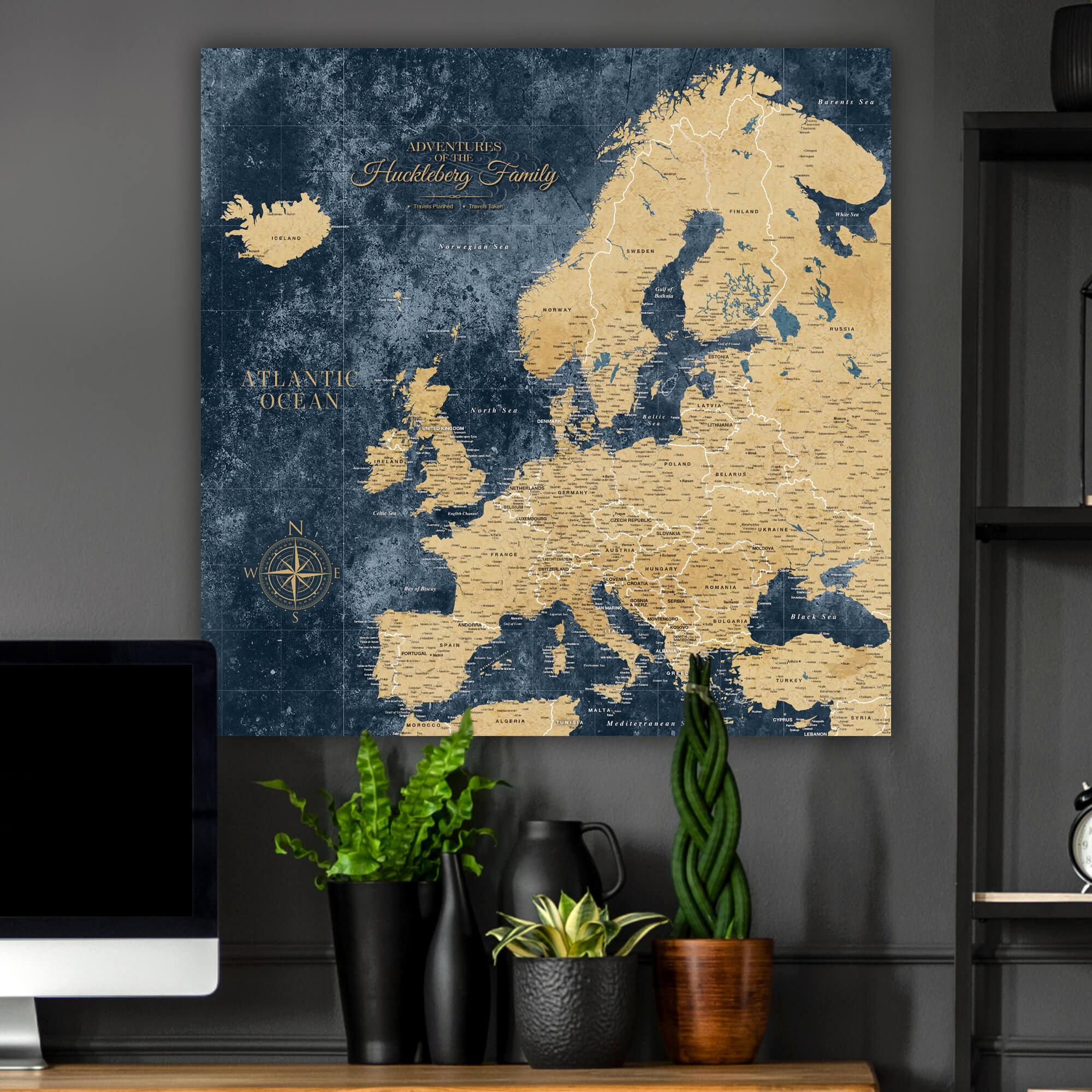 Gold & Navy Textured Europe Push Pin Travel Map | Holy Cow Canvas