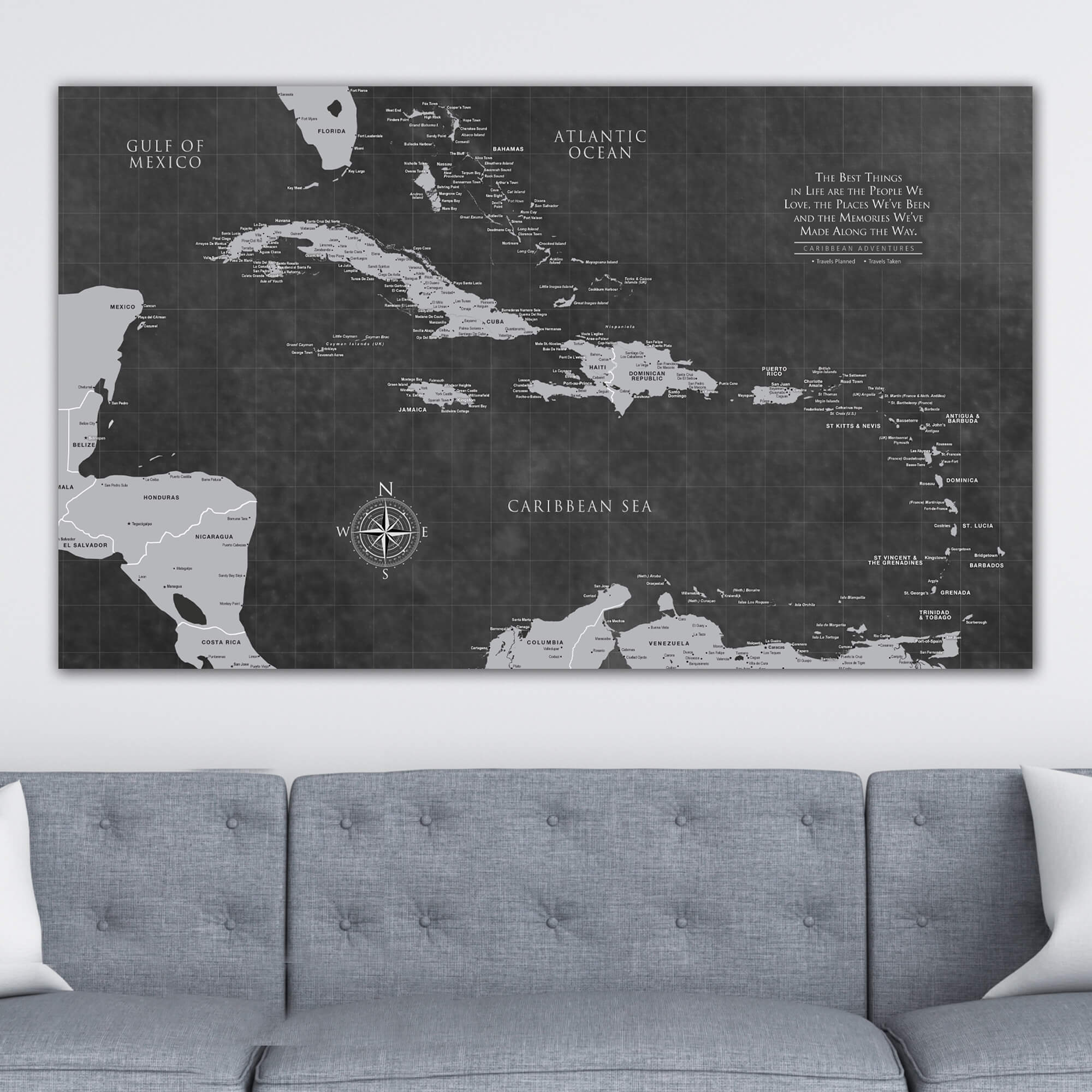 Grey Caribbean Push Pin Travel Map - Single Panel | Holy Cow Canvas