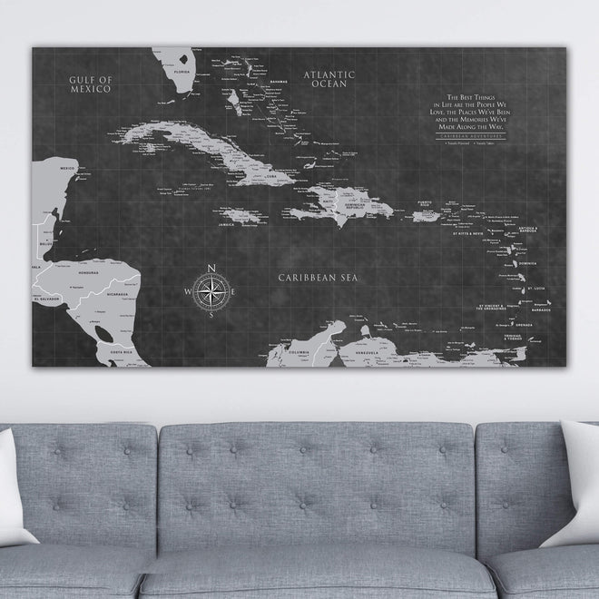 Grey Caribbean Push Pin Travel Map - Single Panel | Holy Cow Canvas