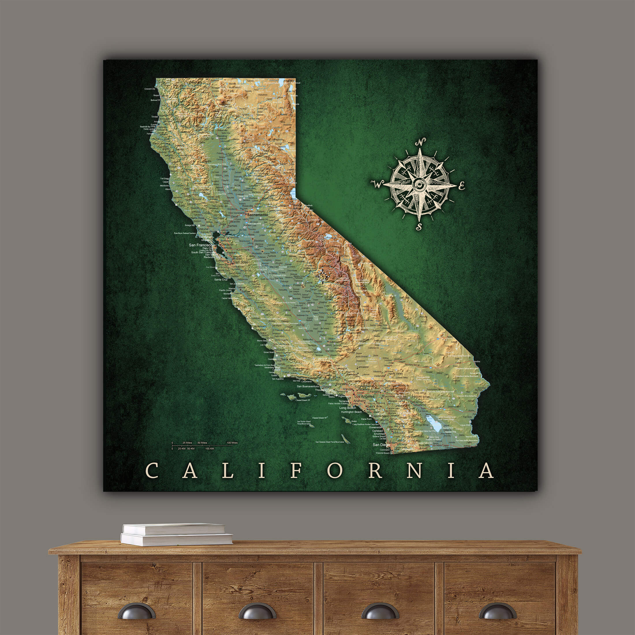 California Push Pin Map with Cities & Terrain- Single Panel | Holy Cow ...