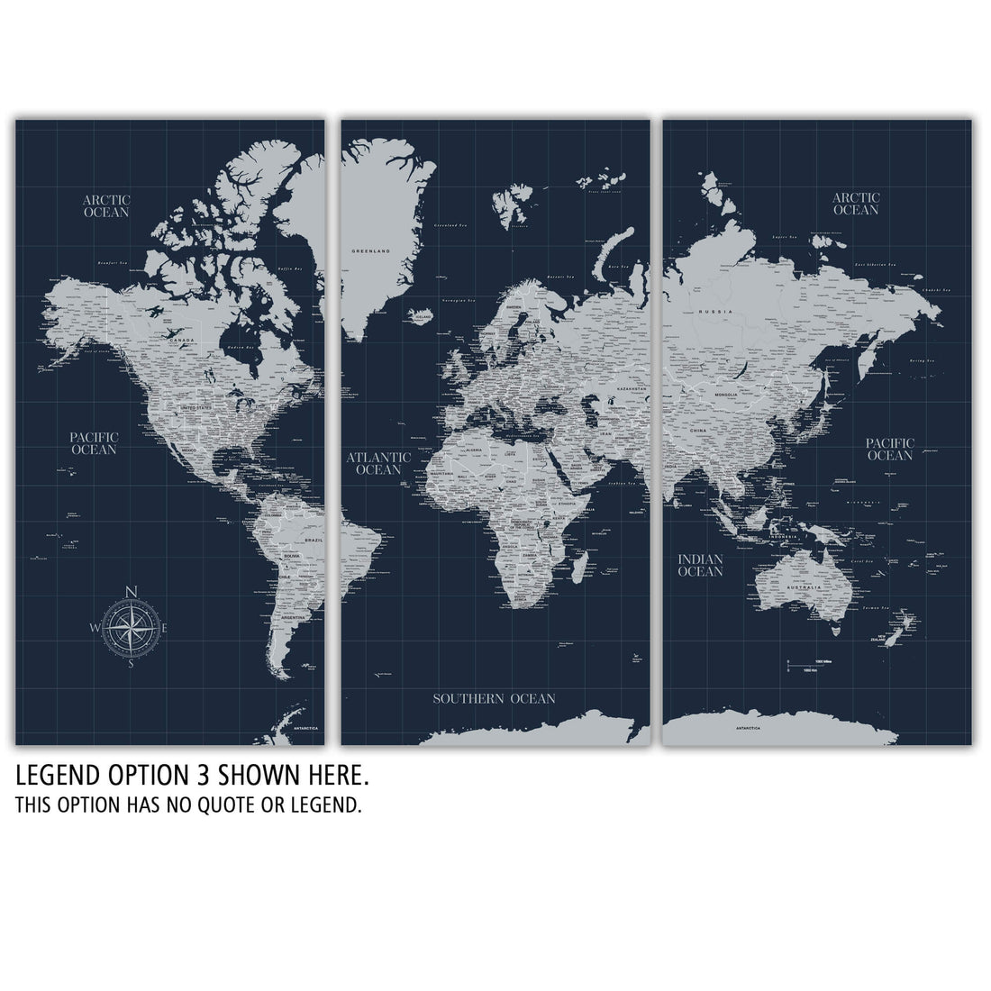 Navy Push Pin Travel Map of the World - 3 Panel | Holy Cow Canvas