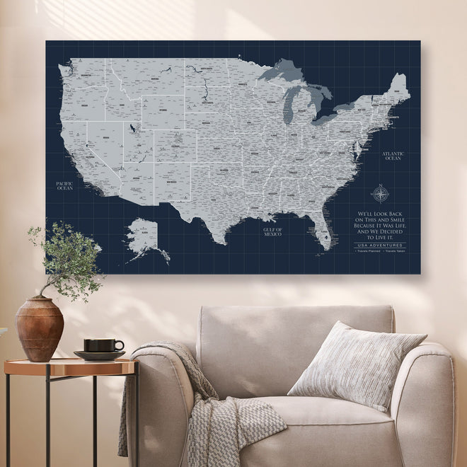 Navy Push Pin Travel Map of the USA | Holy Cow Canvas