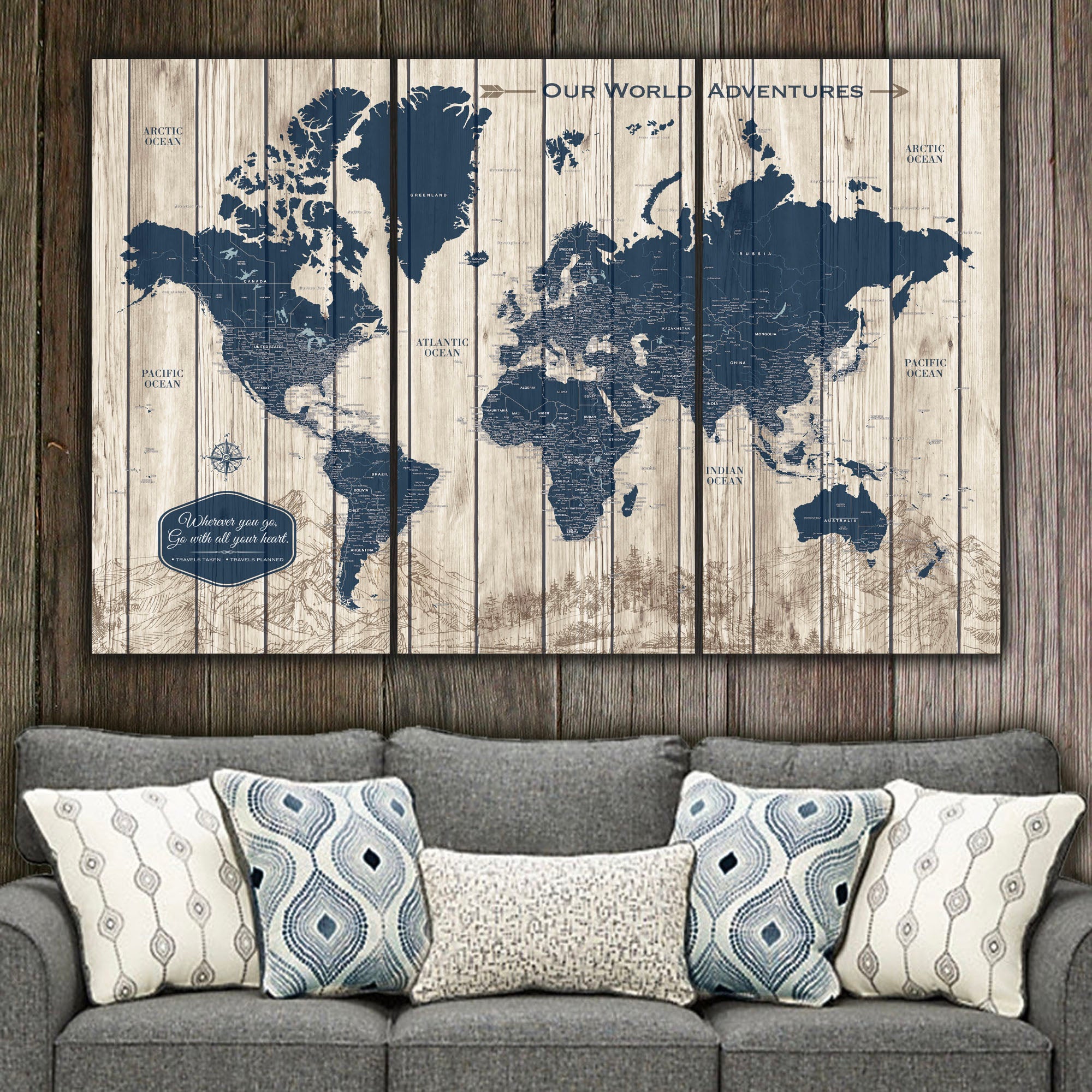 Rustic Wood Grain World Map on Canvas | Holy Cow Canvas
