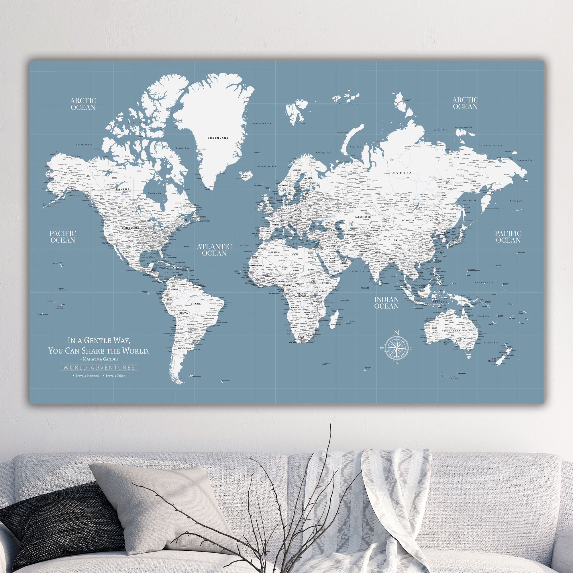 Slate Blue Push Pin Travel Map of the World | Holy Cow Canvas